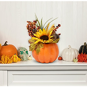 Gift Boutique Fall Pumpkin Centerpiece Artificial Floral Arrangement with Faux Maple Leaves Sunflower Pine Cone Berries Wheat for Porch Large Halloween Thanksgiving Tabletop Decorations 11 Inch