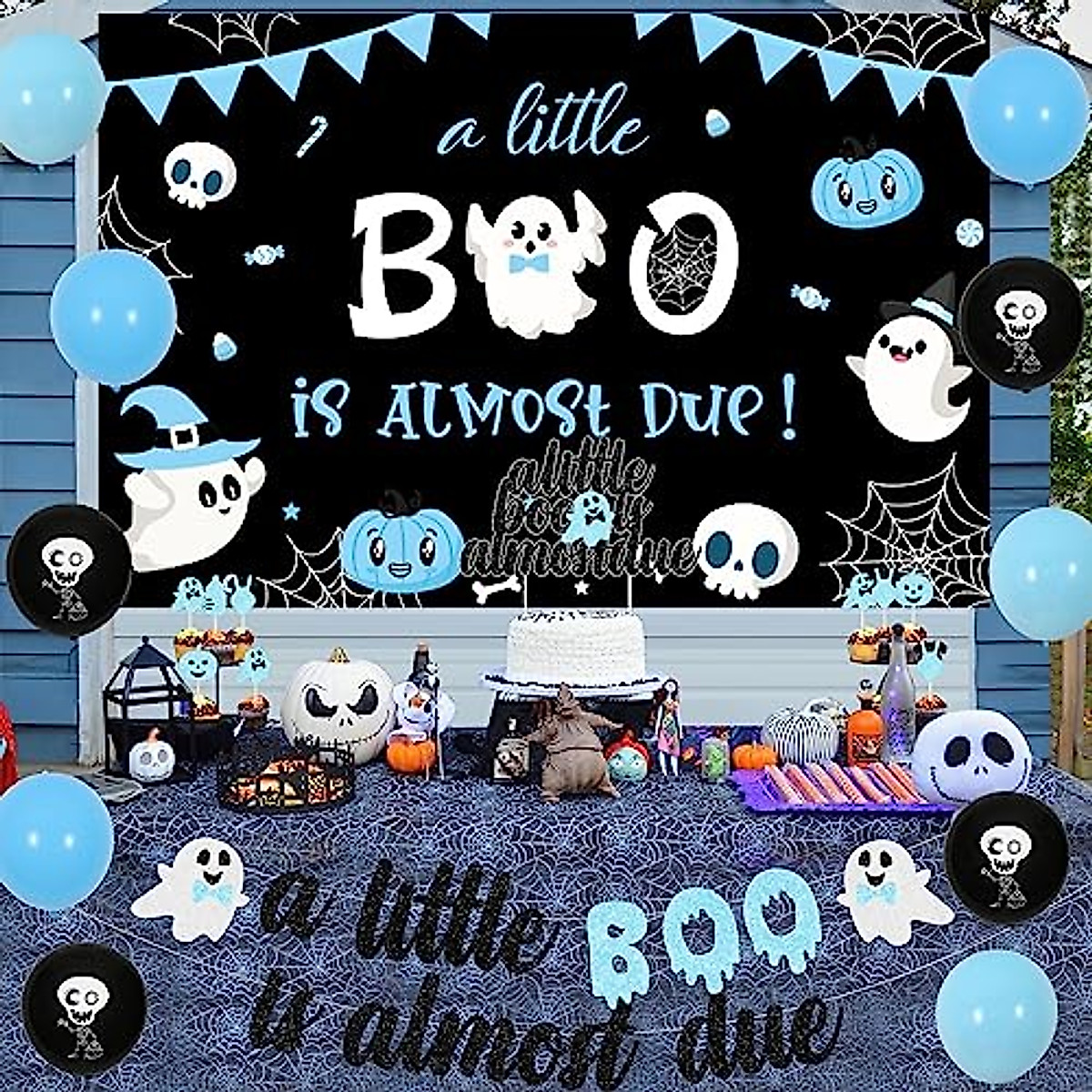 Halloween Baby Shower Decorations for Boy, A Little Boo is Almost Due Baby Shower Decorations Blue and Black Ghost Bat Foil Balloons Little Boo Party Decor, Halloween Boy Birthday Party Decorations
