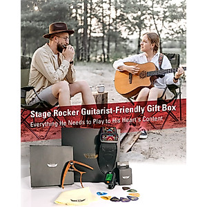 Stage Rocker Guitar Accessories Gift Box for Acoustic and Electric Guitars, Red Jacquard Weave Guitar Strap, Picks, Capo, Tuner, Cleaning Cloth, 5-in-1 Essential Gift