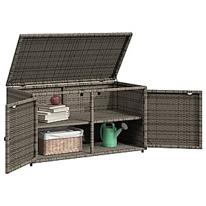 loibinfen Outdoor Wicker Storage Box, Rattan Deck Box Double Openable Door with Lid and Separate Storage Shelf for Patio, Garden Tools, Pools & Sports Equipment, Gray 43.3"x21.7"x23.8", -108