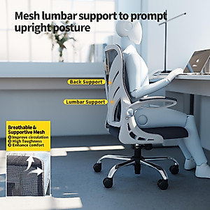 HOLLUDLE Ergonomic Office Chair with Foldable Backrest, Computer Desk Chair with Flip-up Armrests, Mesh Lumbar Support and Tilt Function Big and Tall Office Chair, White