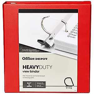 Office Depot® Brand Heavy-Duty D-Ring View Binder, 1 1/2" Rings, 54% Recycled, Red