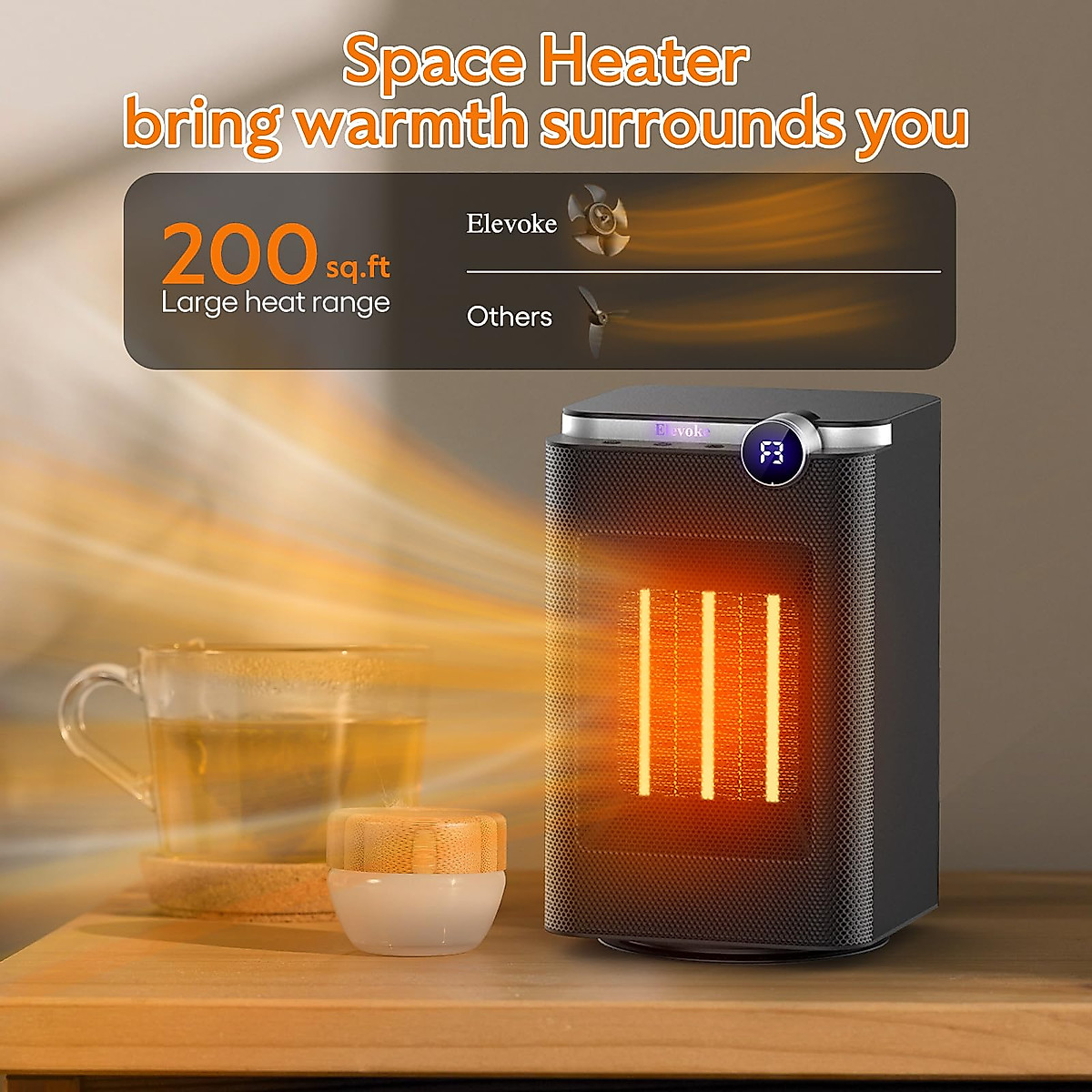 Elevoke Space Heater, Space Heaters for Indoor Use, 1500W PTC Electric Heaters with 90°Oscillating, 3 Modes, 12H Timer, Overheat Protection, Fast Heating Safe Small Heater Fan for Home Office Bedroom