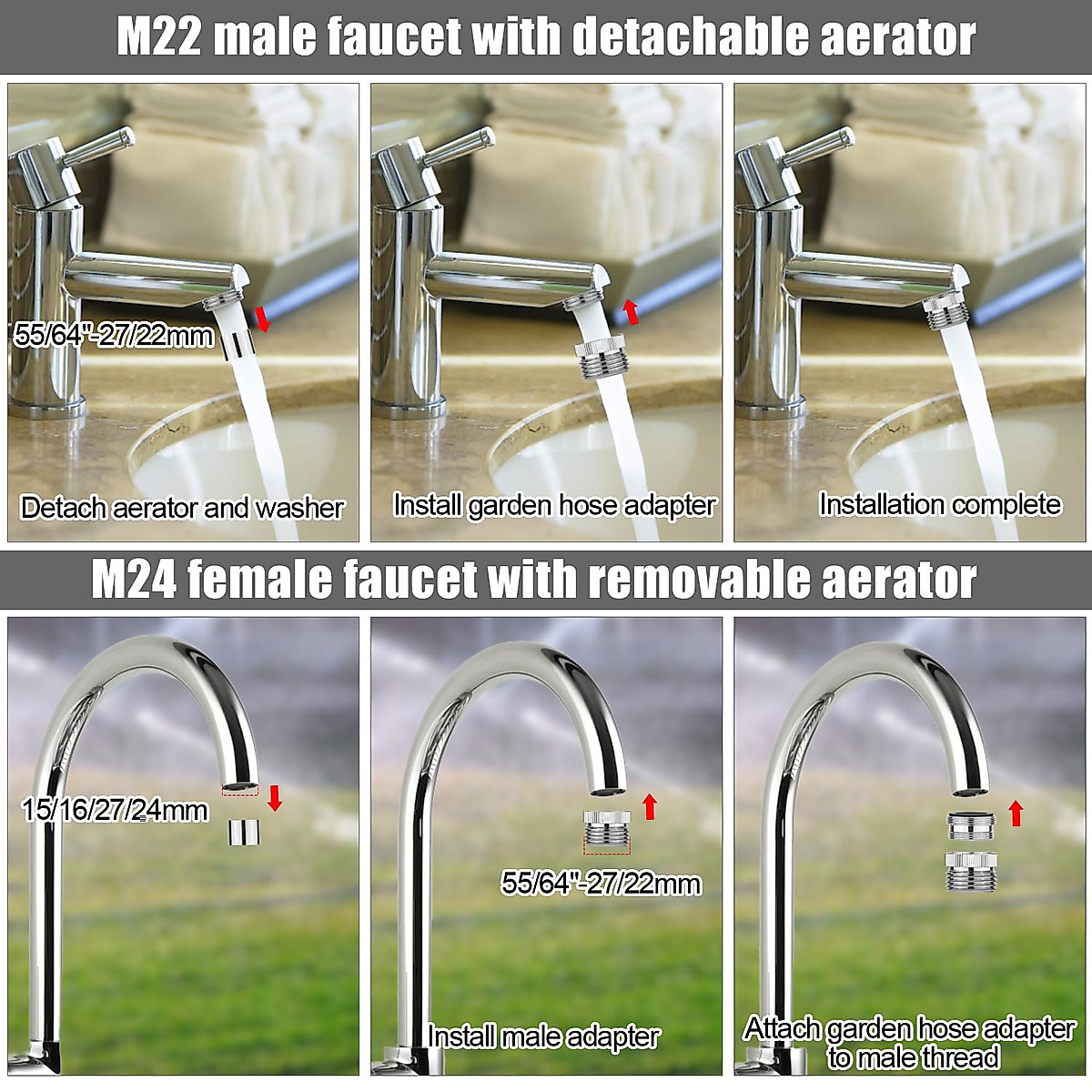 Faucet Adapter Kit with Aerator, Faucet to Garden Hose Adapter Brass Garden Hose Connector for Kitchen and Bathroom Sink Faucets