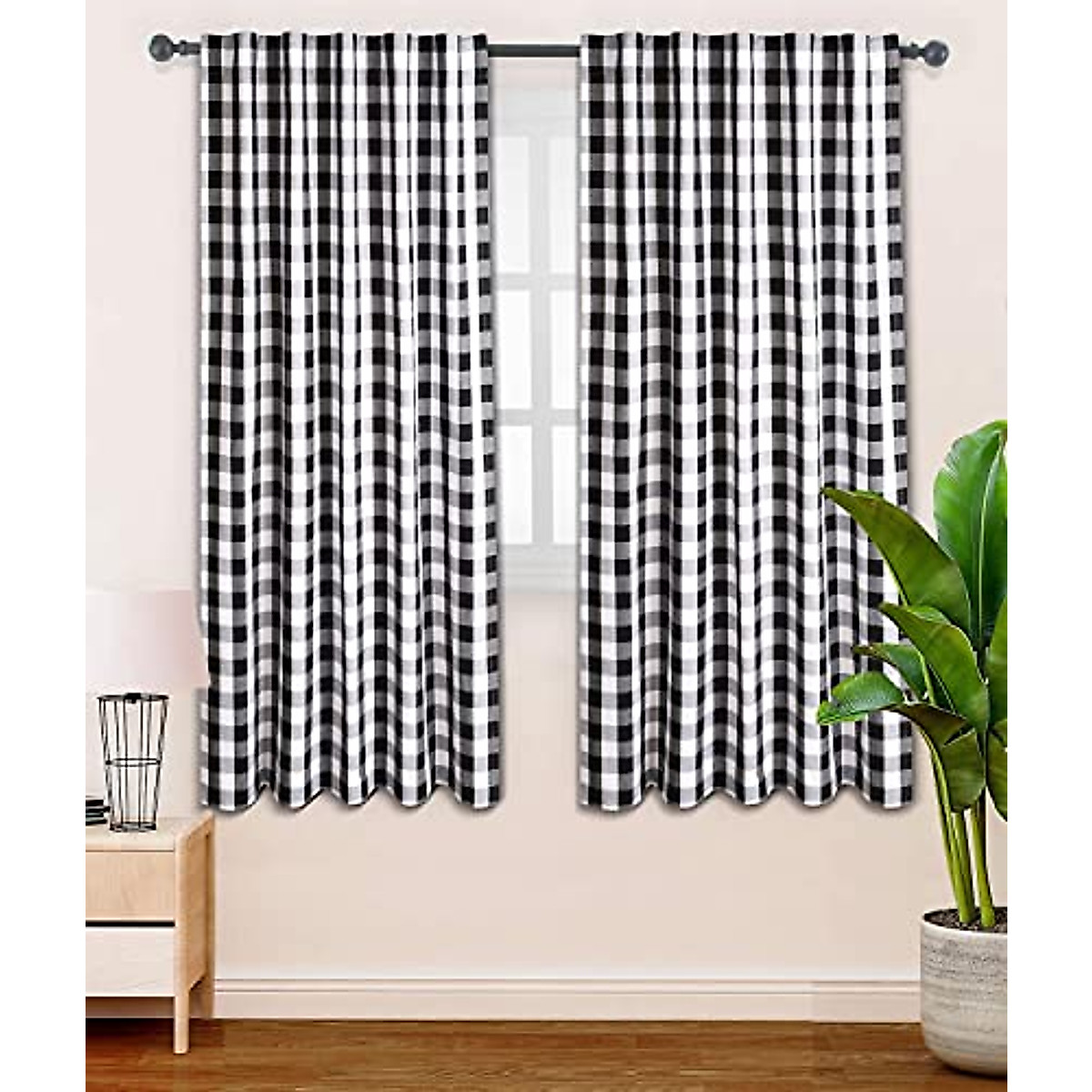 Black White Cotton Curtains, Back Tab Farmhouse Cotton check Curtain 50x72 Inch, Tab Top Bathroom Window Treatment Décor Panel For Kitchen Nursery Livingroom Bed Room Gingham Check Curtains -2 Panels