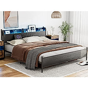 IKIFLY California King Bed Frame with Storage Shelf Headboard & Charging Station - Industrial Metal and Wood Cal King Platform Bed with LED Lights, No Noise, No Box Spring Needed - Black