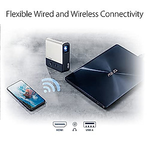 ASUS ZenBeam E2 Mini LED Portable Wireless Projector - 300 LED lumens, Auto Portrait Mode for Smartphone mirroring, 4 Hour Video Playback, Power Bank, 5W Speaker, USB, HDMI