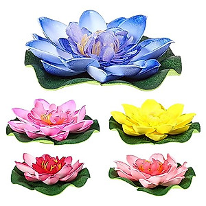 Toyvian 5PCS Artificial Lily Pads for Pond, Artificial Flowers Floating Foam Lotus Flower with Fake Lily Pads for Pool Garden Fish Pond Aquarium Pool Wedding Decor
