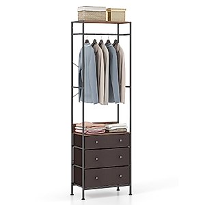 LOKO Clothes Rack with 3 Fabric Drawers, Freestanding Closet Organizer, Clothing Stand Dresser with 3-position Hanging Rod & Storage Shelves, Heavy-duty Garment Rack for Entryway, Bedroom, Cloakroom