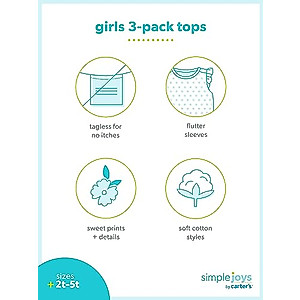 Simple Joys by Carter's Girls' Short-Sleeve Shirts and Tops, Pack of 3, Blue Stripe/White Floral/Yellow, 2T