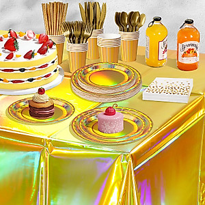 Iridescent Gold Party Supplies Decorations Serve 50, Holographic Gold Paper Plates and Napkins, Disposable Iridescent Party Plates Cups Napkins for Wedding Anniversary Birthday Bridal Shower Party