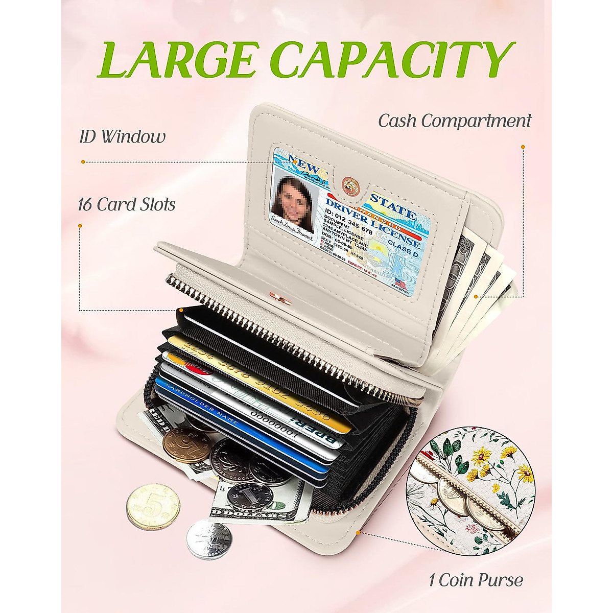 Bistup Credit Card Holder Wallet for Women Cute Leather Ladies Teen Girls Female Cardholder Wallets Accordion Purse Small Medium Aesthetic Print Flower Floral Modern Design Rfid Zipper Around