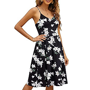 YATHON Casual Dresses for Women Sleeveless Cotton Summer Beach Dress A Line Spaghetti Strap Sundresses with Pockets (M, YT090-Black Floral 01)