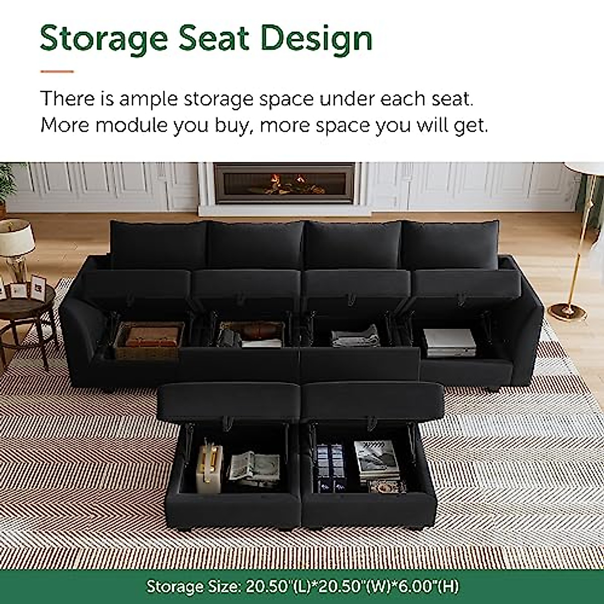 HONBAY Convertible Sectional Sofa Velvet U Shaped Couch with Reversible Chaise Modular Sectional Couch 6 Seater Sofa with Storage Seat, Black