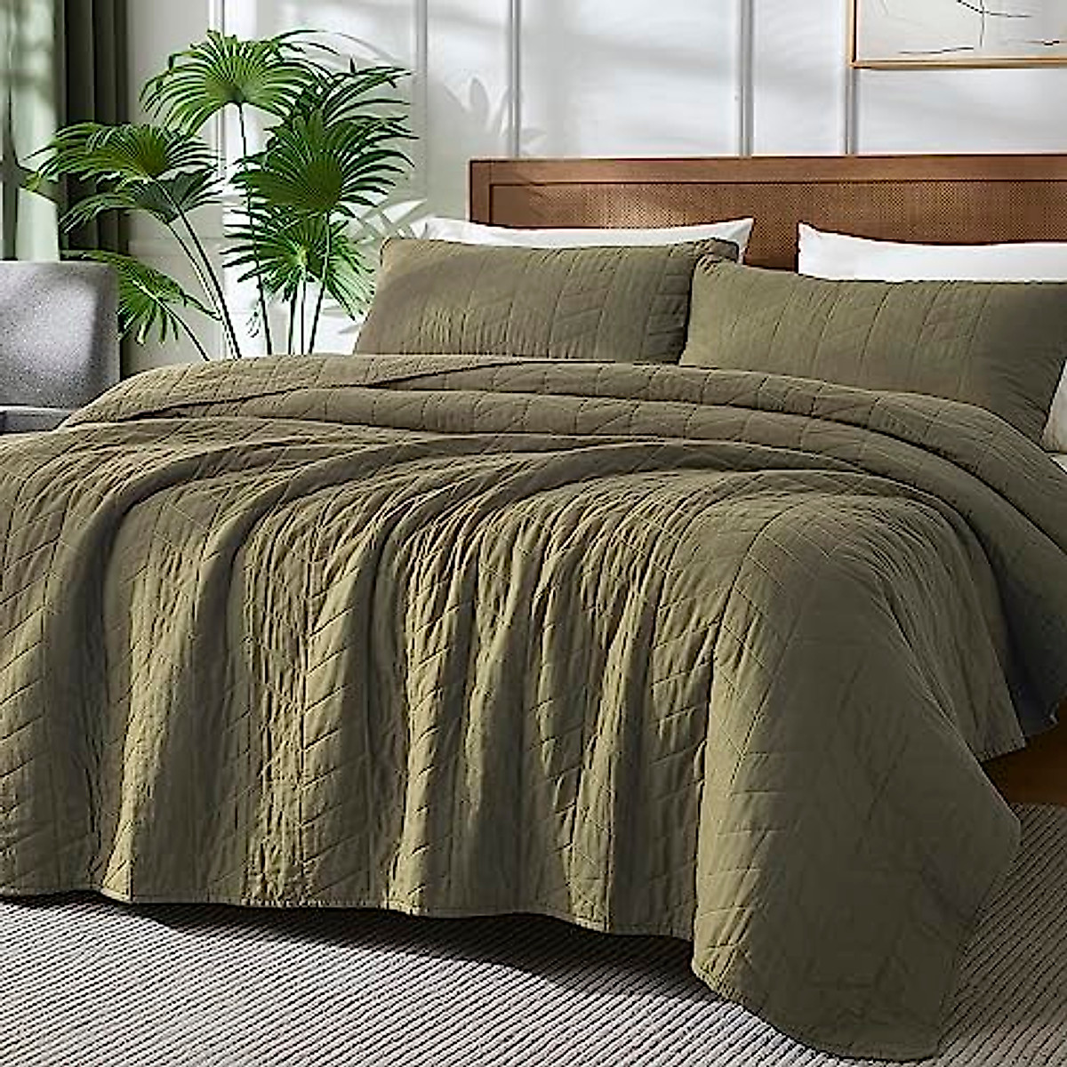 palassio Green 100% Cotton Quilt California Cal King Size Bedding Sets with Pillow Shams, Olive Oversized Lightweight Bedspread Coverlet, Cozy Bed Cover for All Season, 3 Pieces, 118x106 inches