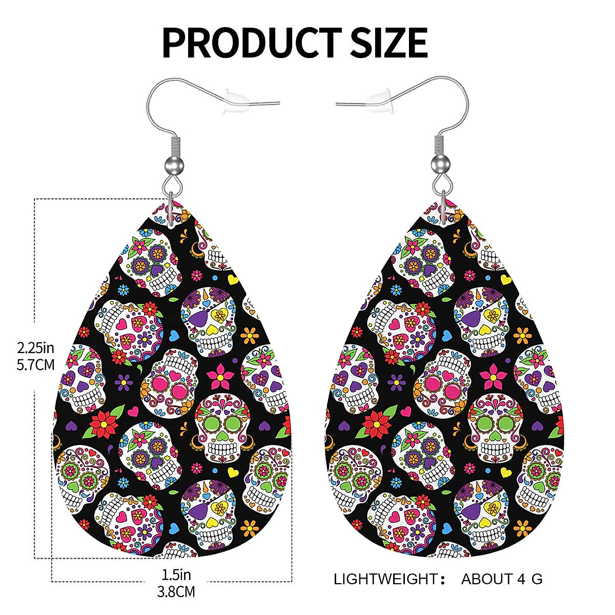 Zokola Day Of The Dead Leather Drop Earrings Set, Mexican Sugar Skull Flowers Black Lightweight Teardrop Earrings Leather Dangle Earrings For Women Friends Wedding Jewelry