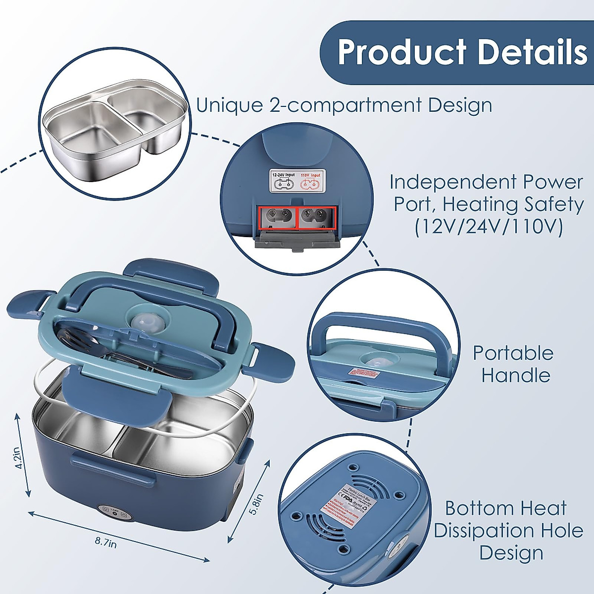 Kabbas Electric Lunch Box Food Heater with 2 Compartments, 80W Portable Heated Lunch Box for Adults, 12V 24V 110V Self Heating Lunch Box for Work Car Truck with 1.5L Removable 304 SS Container