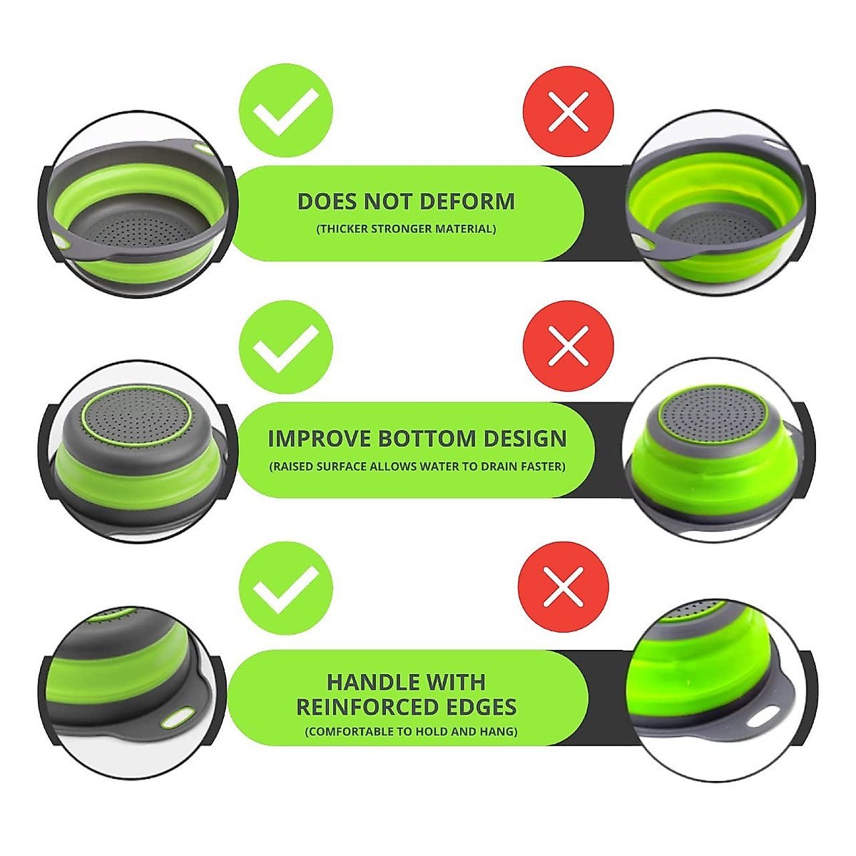 Collapsible Colander with Plastic Handles Round Silicone Kitchen Strainers Foldable Kitchen Strainer Perfect for Draining Pasta Vegetable and Fruit Green