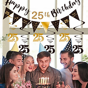 BRT Bearingshui 25th Birthday Decoration Kit for Men Women, Happy 25th Birthday Banner Bunting Swirls Streamers, Triangle Flag Banner for Birthday Party Decorations Supplies Black and Gold 25th