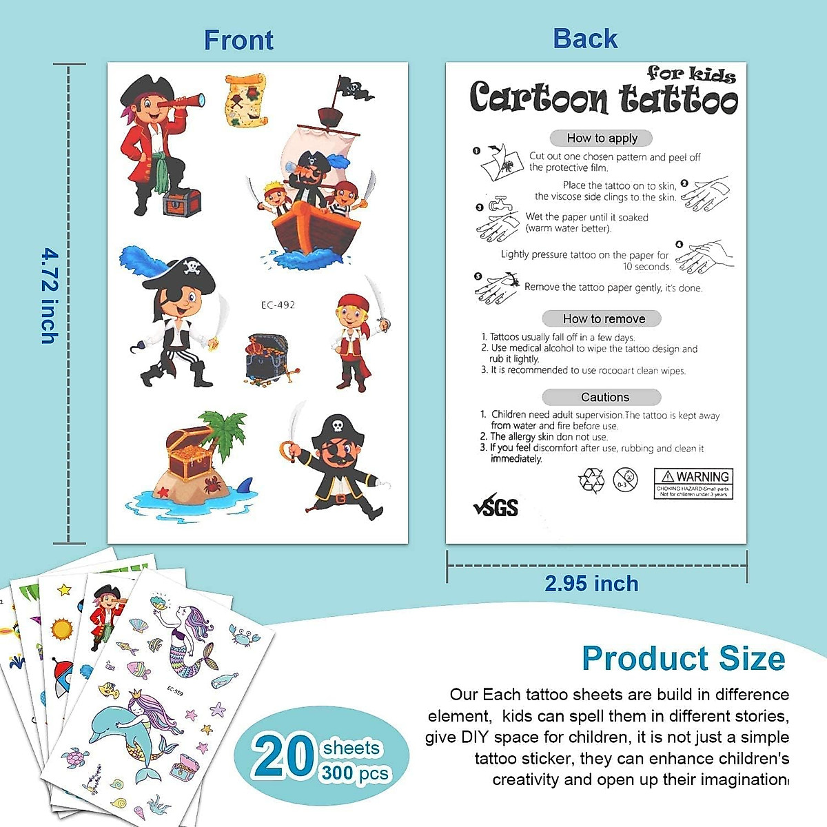 Leesgel 300pcs Temporary Tattoos for Kids, Featured 5 Series of Fake Waterproof Tattoos for Boys Girls- Spaceships, Dinosaurs, Animal Zoos, Mermaids, Pirates. (20 Sheets)