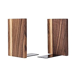 HALOU 2Pcs Wooden Bookends with Metal Base Heavy Duty Book Stand with Anti-Skid Dots for Office Desktop or Shelves Decorative Bookend