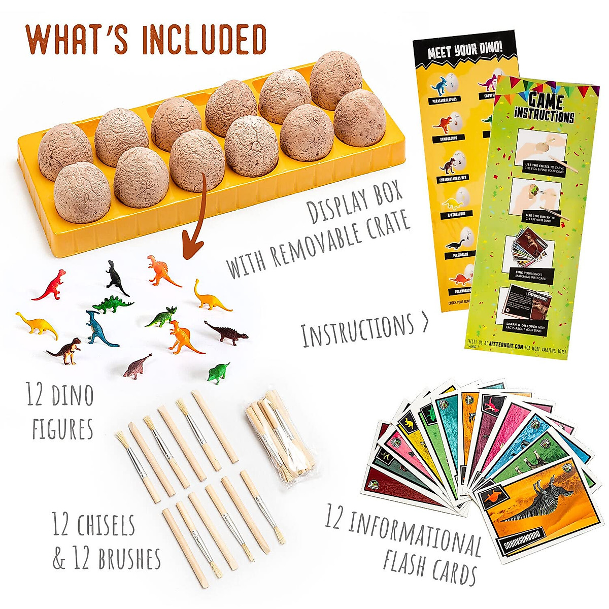 Dino Eggs Dig Kit, Dinosaur Eggs for Kids 3-5, Perfect for Dinosaur Birthday Party Supplies and Dinosaur Party Games - 12 Dino Eggs Excavation Set for Kids by JitteryGit