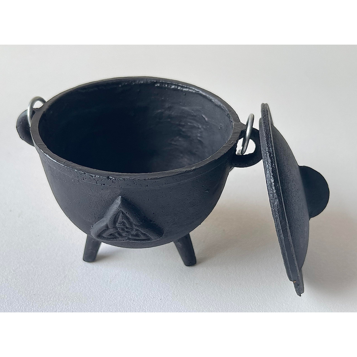 Triquetra Cast Iron Cauldron with Lid and Handle, Witches Cauldron, Great for Use with Charcoal Incense, Smudge Sage, 4.25"-4.5"