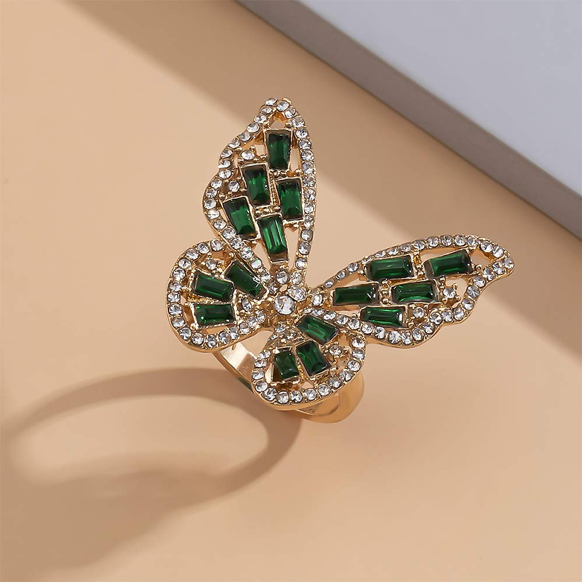 Aimimier Cubic Zirconia Butterfly Ring Sparkling Crystal Bow-Knot Knuckle Ring Wedding Jewelry for Women(Gold-green)