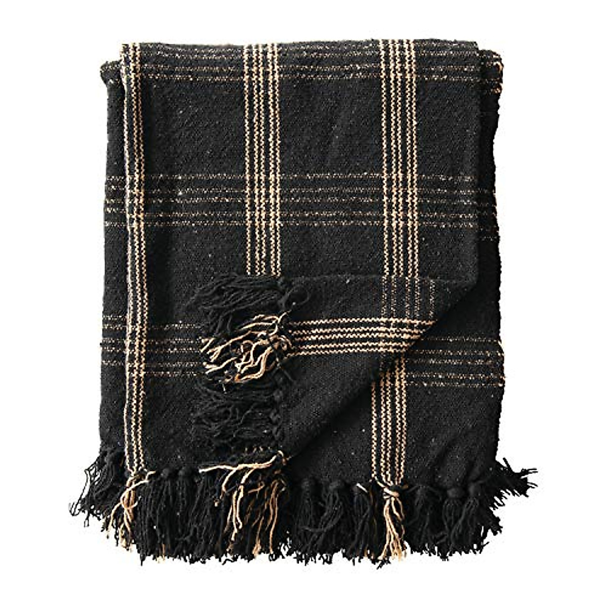 Creative Co-Op Plaid Black & Tan Fringed Woven Cotton Blend Throw 60 inch x50