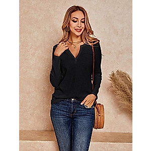 Womens V Neck Waffle Knit Shirts Long Sleeve Loose Fitting Warm Tee Tops Sweaters Pullovers Black