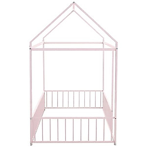 Twin Size Pink Floor Bed Frame with Safety Fence and Door, Metal Montessori Bed Toddler Floor Bed for Kids Girls Boys,Twin House Floor Bed Frame with Roof, No Box Spring Needed (Pink)