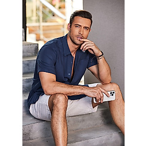 COOFANDY Mens Shirt Linen Casual Button Down Summer Beach Tops, Navy Blue, Large, Short Sleeve