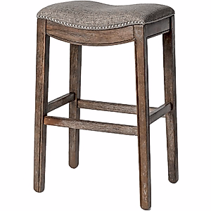 Maven Lane Adrien 31 Inch Bar Height Upholstered Backless Saddle Barstool in Dark Walnut Finish with Ash Grey Fabric Cushion Seat