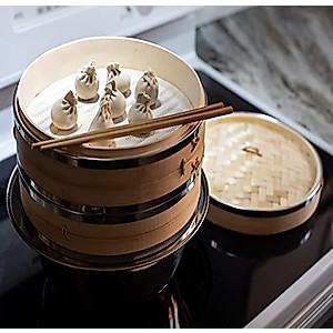 Bamboo Steamer Basket - 10 Inch 2 Tier Vegetable Steamer w/Stainless Steel Ring & 4 Silicone Liners, Dumpling Steamer for Steaming Food