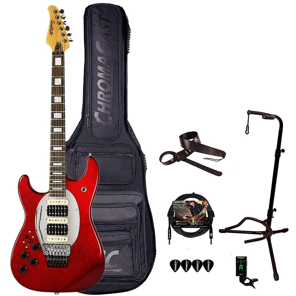 Sawtooth 6 String ES Hybrid Electric Guitar Designed by Michael Angelo Batio w Gig Bag and Accessories, Left-Handed Blood Red Sparkle (ST LH FL-BRS-KIT)