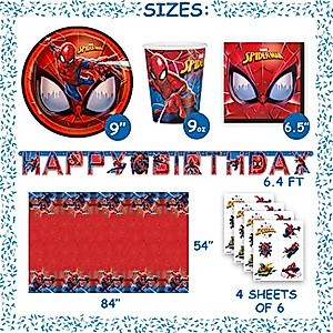 Spiderman Birthday Party Supplies and Decorations, Spiderman Party Supplies, Serves 16 Guests, Includes Tableware and Decor with Table Cover, Banner, Plates, Napkins & More, Officially Licensed