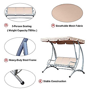 Outsunny 3-Seat Patio Swing Chair, Outdoor Canopy Swing with Stand, Adjustable Shade, Steel Frame for Adults, Garden, Poolside, Beige