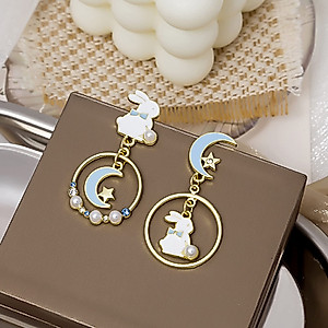 Bunny Earrings Kawaii Rabbit Jewelry Cute Earrings Aesthetic Hare Dangle Pearl Jewelry Earrings for Women Girls Christmas Easter Animal Gifts (Blue)