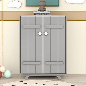 Wooden Kids Wardrobe with Hanging Rod, Cute Design Wardrobe Cabinet with 2 Doors, Storage Armoires Clothes Hanging Storage Rack for Boys Girls Kids' Room,Gray