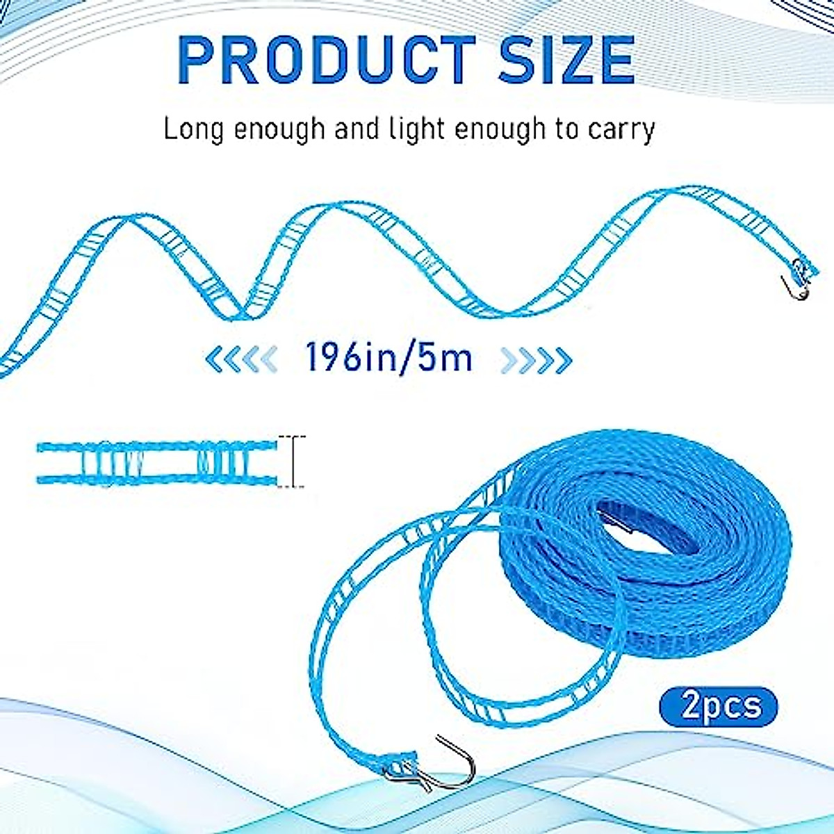 2 Pack Windproof Portable Clothesline with Hooks 16.4 ft Nylon Clothes Line Travel Laundry Line Drying Hanger Rope for Indoor Outdoor Camping Home Hotel Room