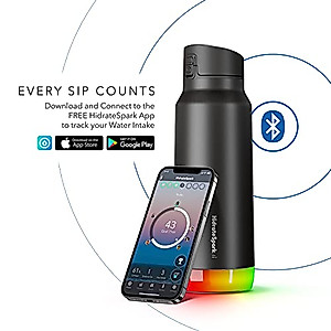 Hidrate Spark PRO Smart Water Bottle – Insulated Stainless Steel – Tracks Water Intake with Bluetooth, LED Glow Reminder When You Need to Drink – Chug Lid, 32oz, Black