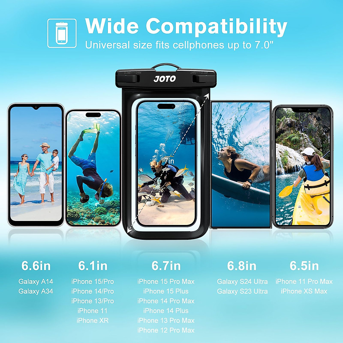 JOTO IPX8 Waterproof Phone Pouch Case, Underwater Dry Bag for Phone Protector for iPhone 15 14 13 12 11 Pro Max, Galaxy S24 S23 S22 Ultra Pixel to 7" Cruise Vacation Essential -2 Pack, Black