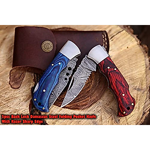 Handmade Damascus pocket knife for men with leather sheath | 2 Pcs Tactical Folding Pocket knife Set with Back Lock | Best Edc Bushcraft knifes for Fishing, Camping, Hiking | Damascus steel Blade Foldable hunting Belt knife with Horizontal Carry sheath |