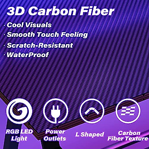 Flamaker Gaming Desk with LED Lights & Power Outlets, L-Shaped Computer Corner Desk with Carbon Fiber Surface & Monitor Stand, Ergonomic Gamer Table with Cup Holder, Headphone Hook, Black