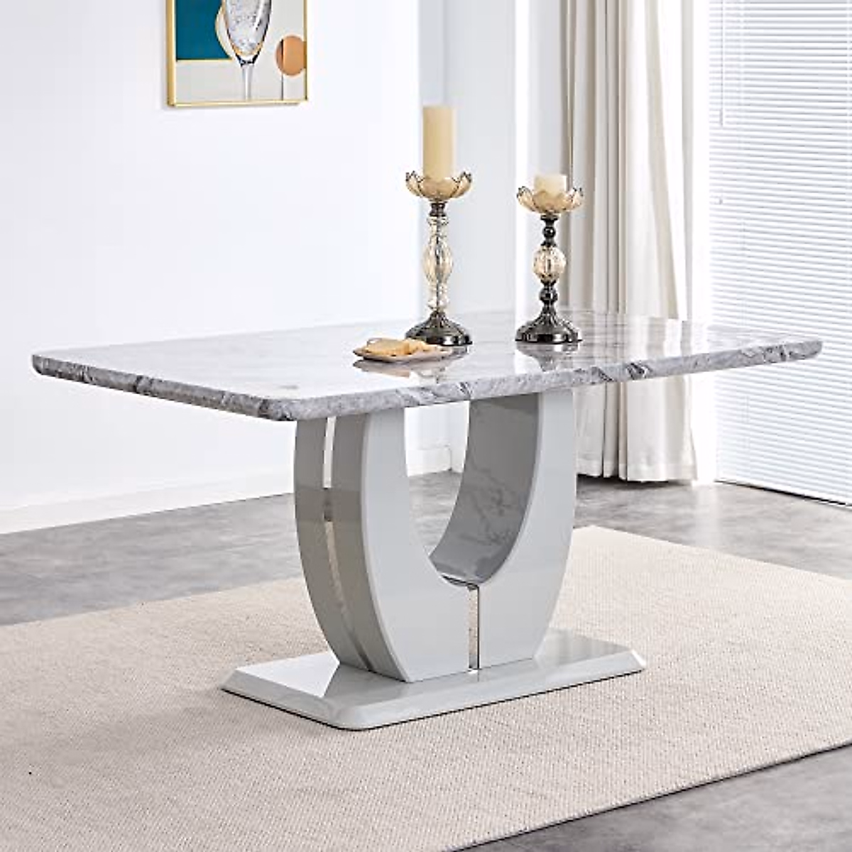Pvillez Dining Table, Marble Texture Dining Table, Dining Room Kitchen Table, Modern Rectangle Dining Tables Set with Stone Top, White Dinner Office Computer Table for 4-6