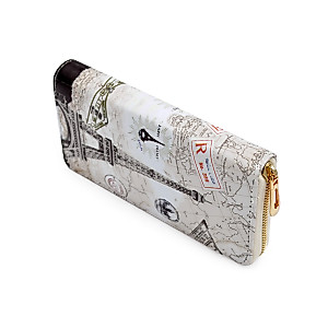 Eiffel Tower & Map Print PU Leather Continental Zip Around Wallet, Large