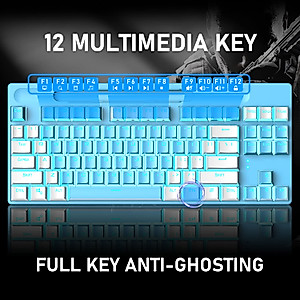 Bluetooth Mechanical Gaming Keyboard with Multi Backlit 87Key Anti-Ghosting Ergonomic Wired/Wireless 2.4Ghz USB Receiver Rechargeable 3300mAh Battery for PC Mac Gamer Typists (Blue White/Blue Switch)