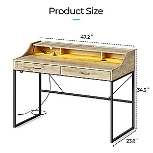 LINSY HOME Computer Desk with Two Drawers and LED Light, 47-inch Writing Desk Study Table with Monitor Stand Riser for Home Office, Light Brown