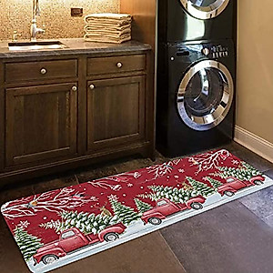Libaoge Kitchen Mat Rug 1 PCS Christmas Truck Xmas Tree Snow Red Background Runner Rug Anti-Fatigue Comfort Memory Foam Standing Mat Non-Slip Floor Door Mat for Bathroom Bedroom 20x63in
