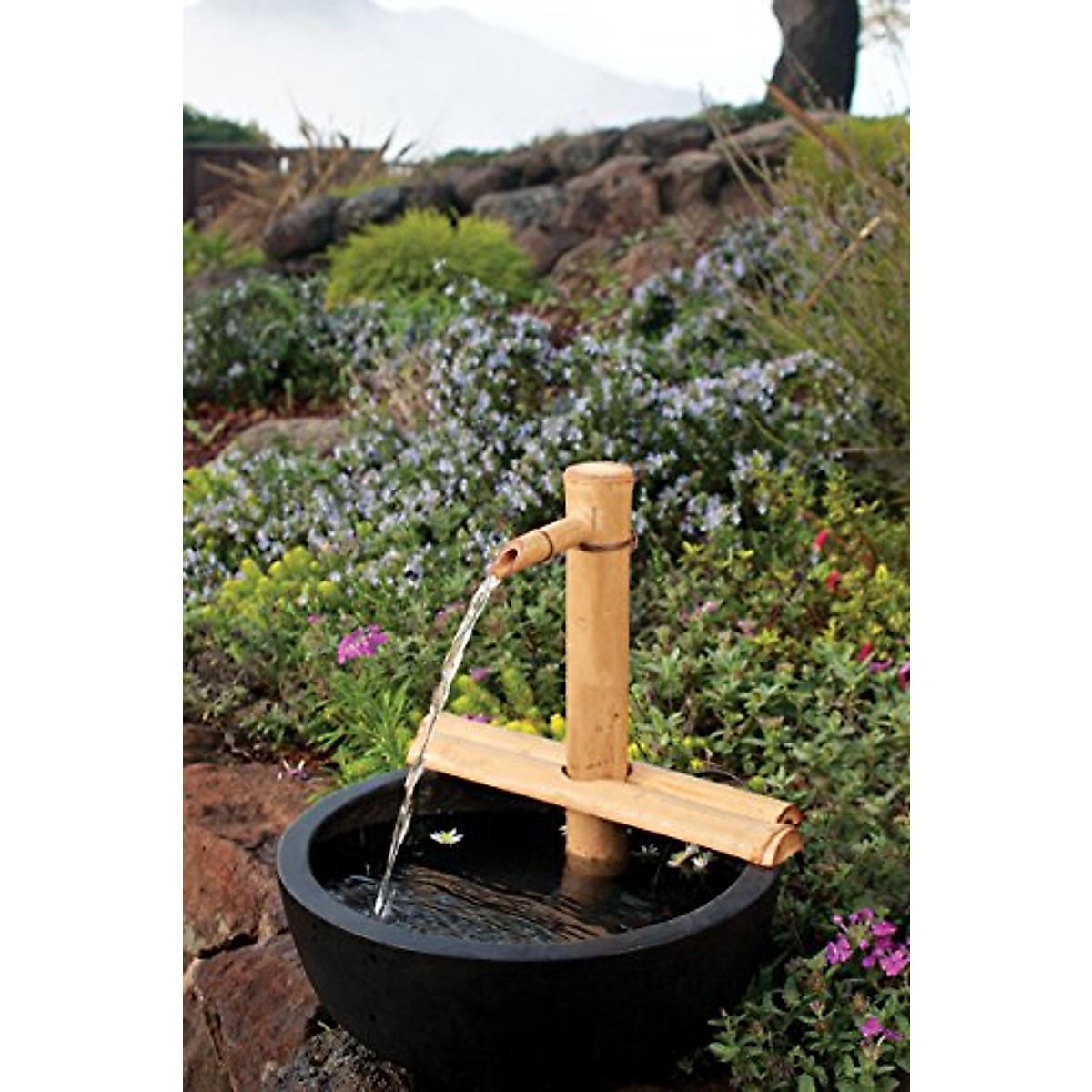 Bamboo Accents Water Fountain with Pump for Patio, Indoor/Outdoor, Adjustable 12-Inch Half-Round Flat Base, Split-Resistant Bamboo